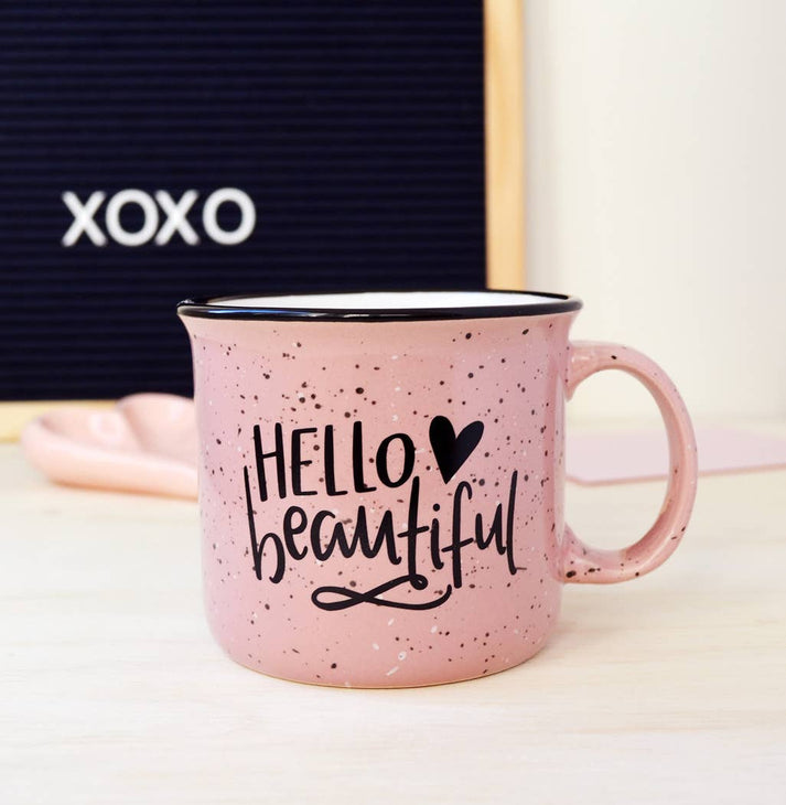 "Hello Beautiful" Pink Campfire Mug – Great Mornings Coffee & Tea